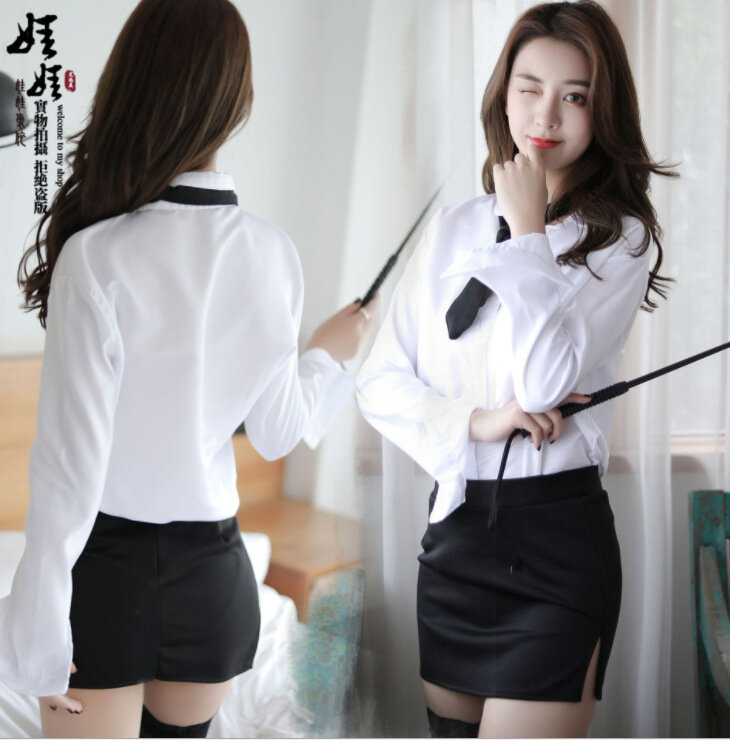Сексуальное нижнее белье, офисная леди из ночного клуба, секретарь, обтягивающая короткая юбка учительницы, страстный костюм, униформа, деловая одежда, стюардесса, топ + галстук + юбка из молочного шелка для секретаря.