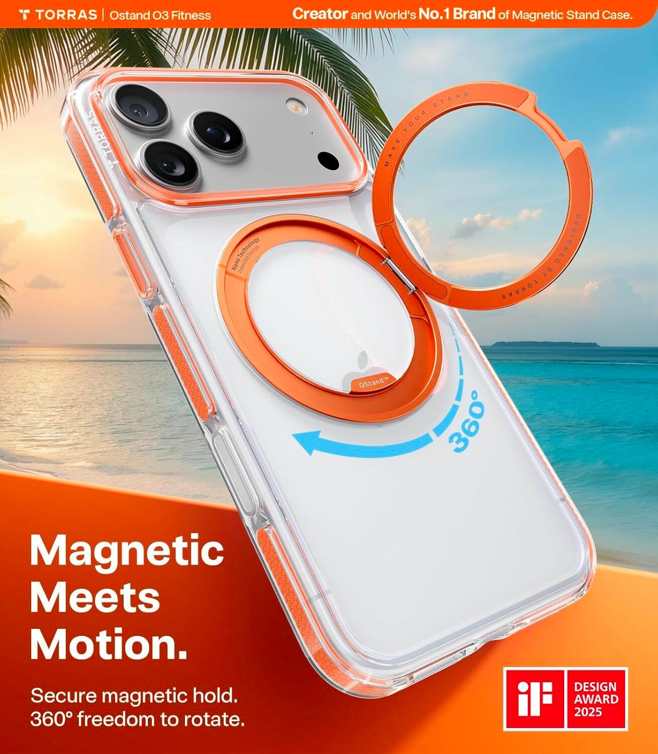 Защитный чехол TORRAS с магнитной подставкой 360 для iPhone 17 Pro Max, прозрачно-оранжевый