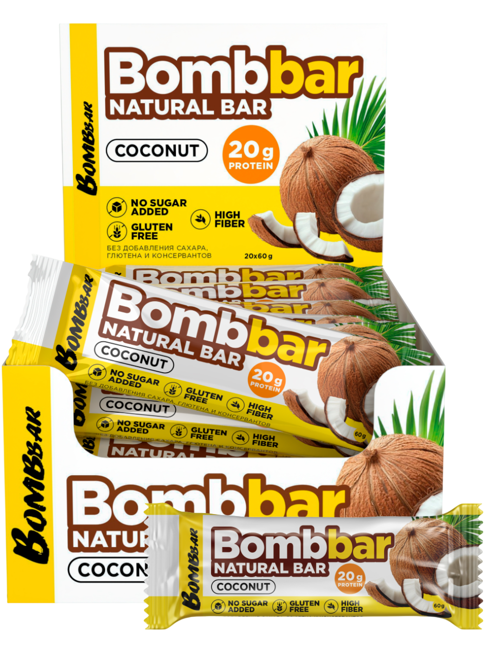 Протеиновый батончик BombBar Protein Bar 20 x 60 г, Кокос