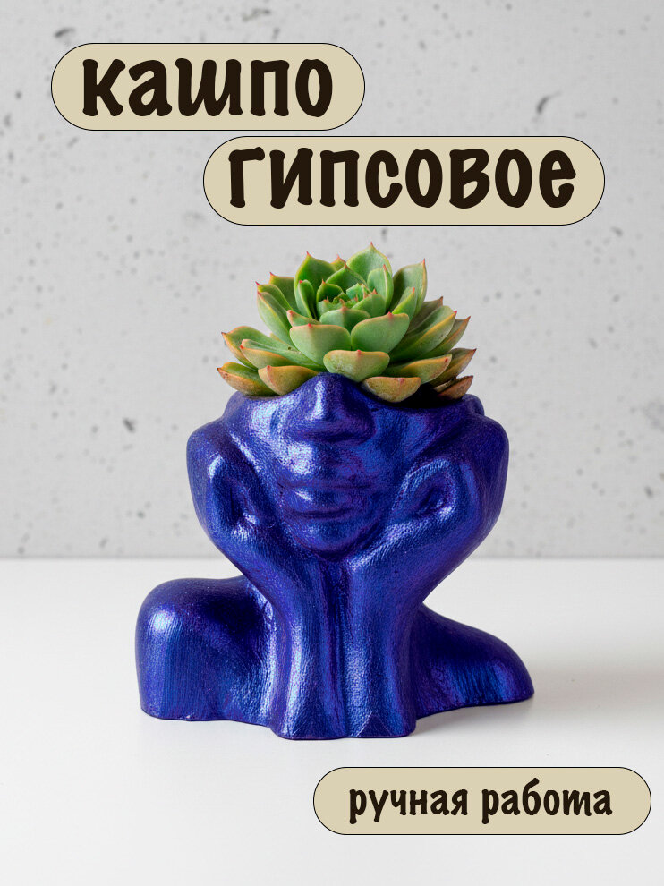 Кашпо "Лицо девушки", для суккулентов и цветов, ручная работа, синяя, фиолетовая