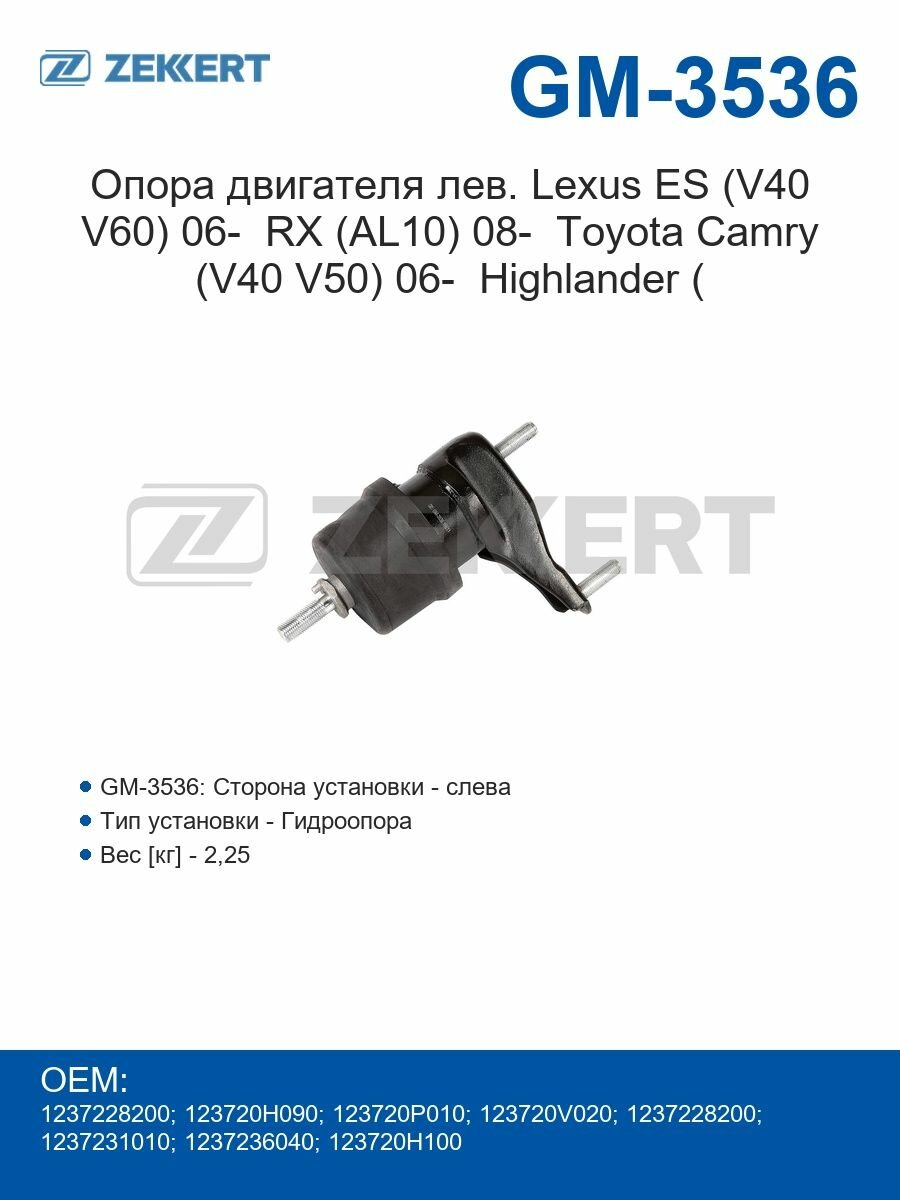 Zekkert Опора двигателя левая Lexus ES (V40 V60) с 2006 года RX (AL10) с 2008 года Toyota Camry (V40 V50) с 2006 года Highlander (