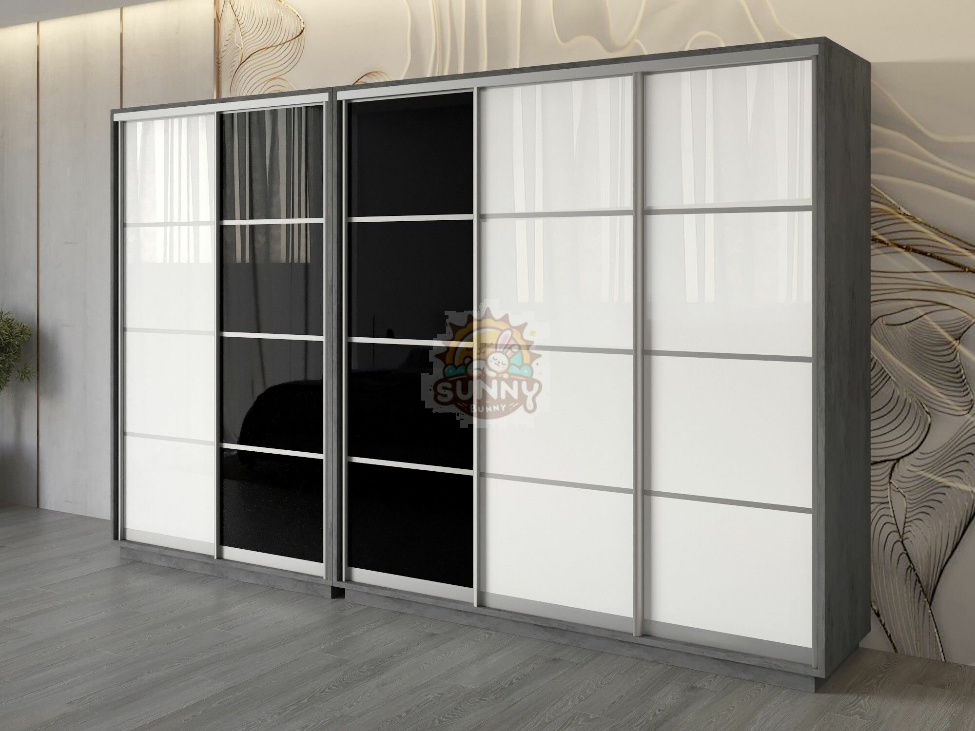 Шкаф-купе Флорида 5дв. (2+3) Стекло белое 3/Стекло черное 2, профиль серебро, 300х60х220 см. Бетон