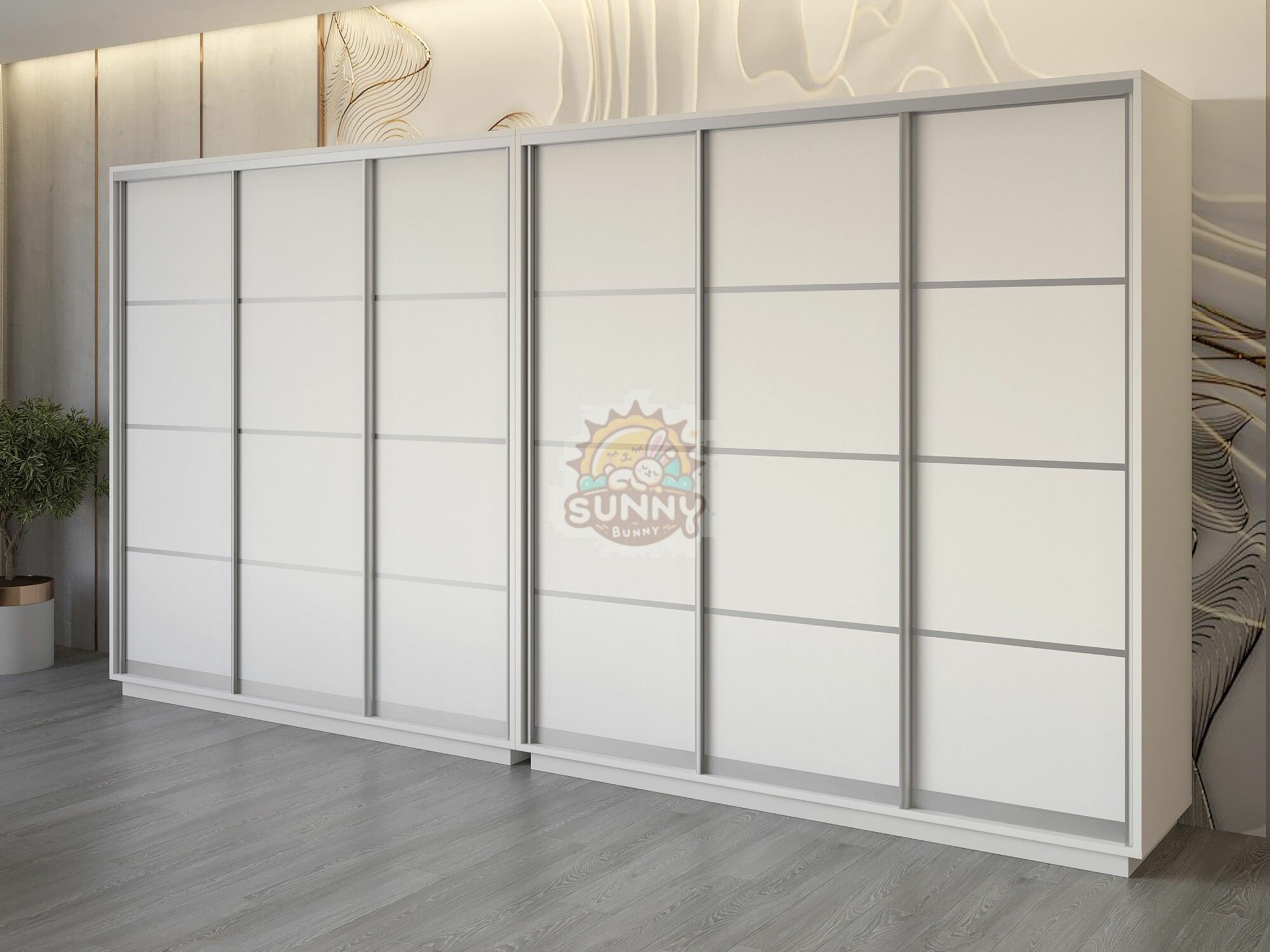 Шкаф-купе Флорида 6дв. (3+3) ЛДСП, профиль серебро, 360х60х220 см. Белый снег