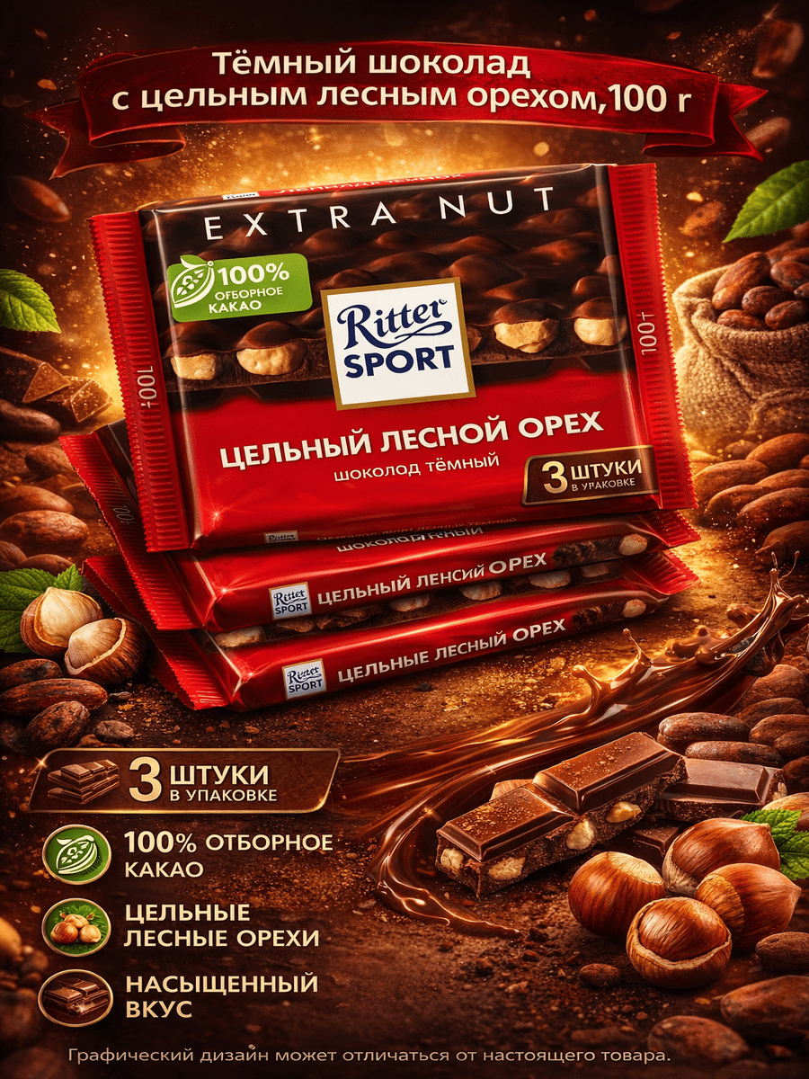 RITTER SPORT Темный шоколад с цельным лесным орехом, 100 г x 3 упаковки