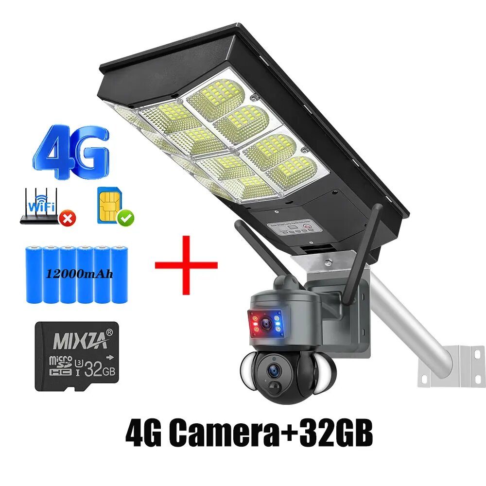 Камера наблюдения INQMEGA 4K с солнечной панелью 4G SIM / WIFI со шлагбаумом, красным и синим аварийным светом, двойной линзой для уличного использования