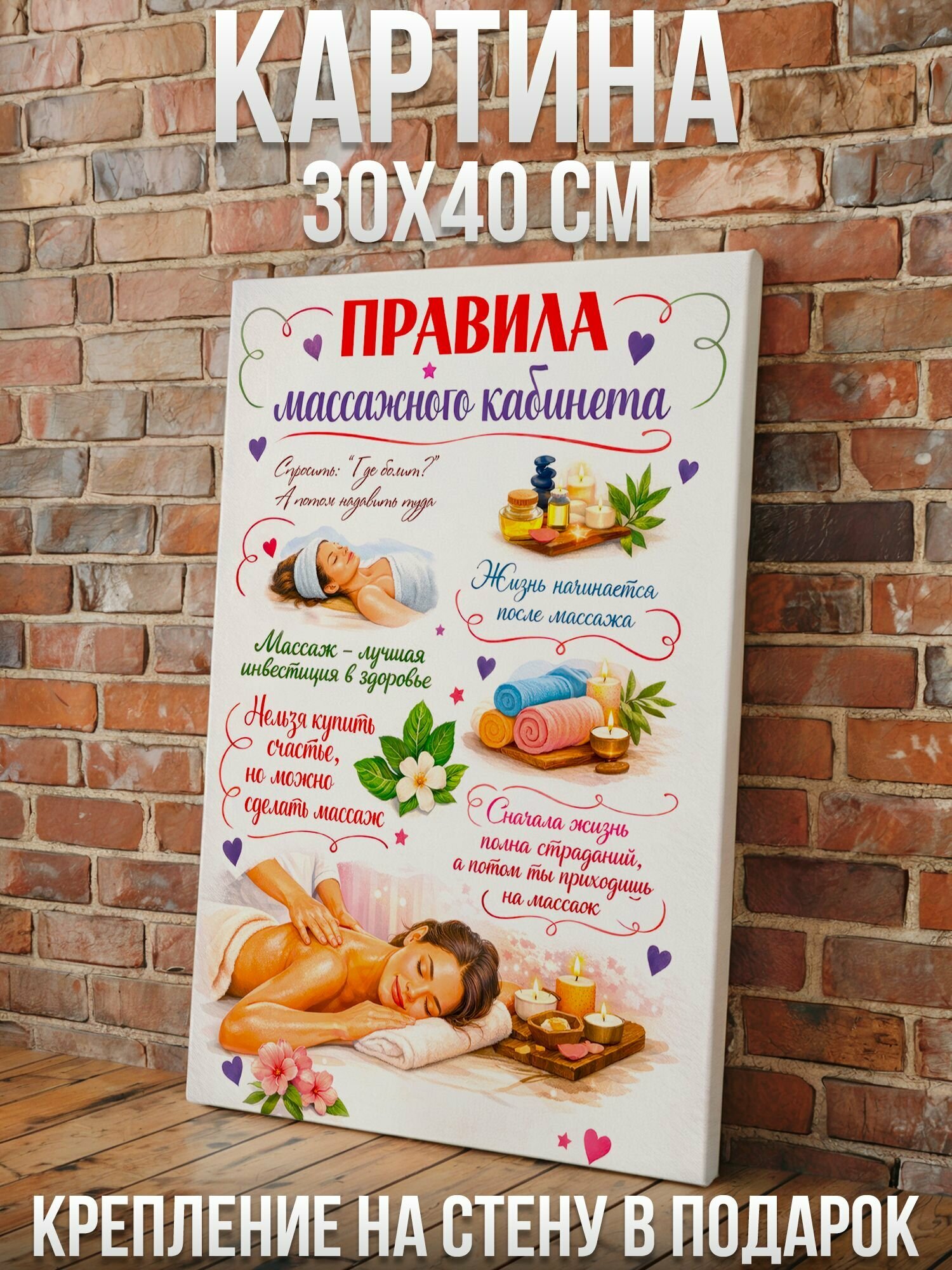 Правила массажного кабинета - Большая картина на подрамнике 40х30см для дома, офиса