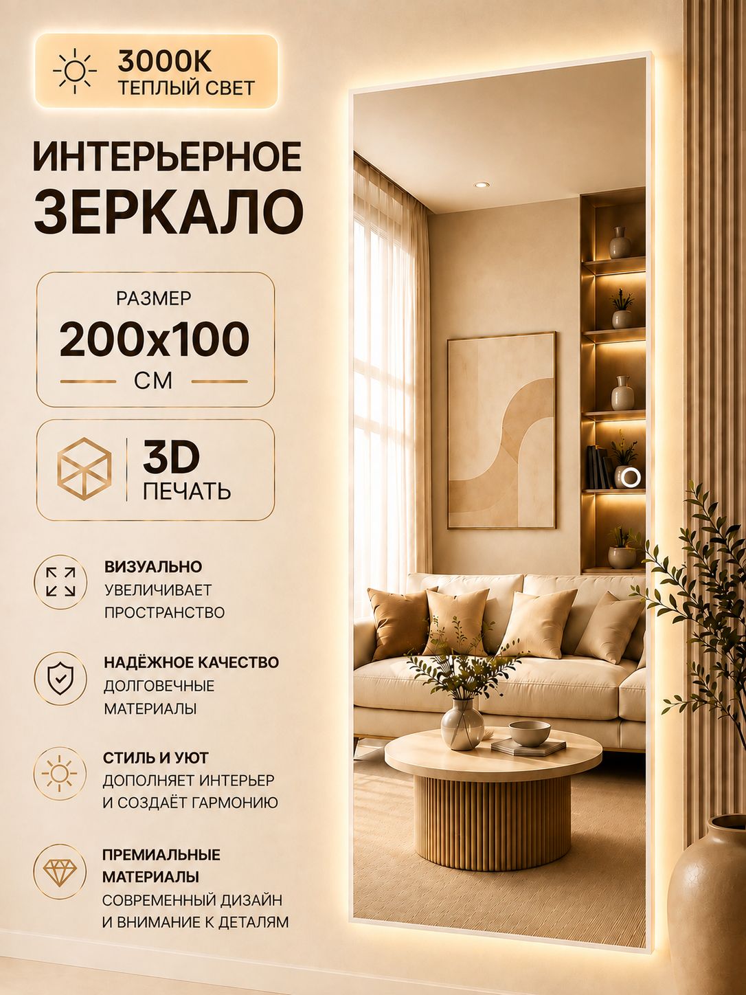 Зеркало настенное с подсветкой 3000К БП 200х100