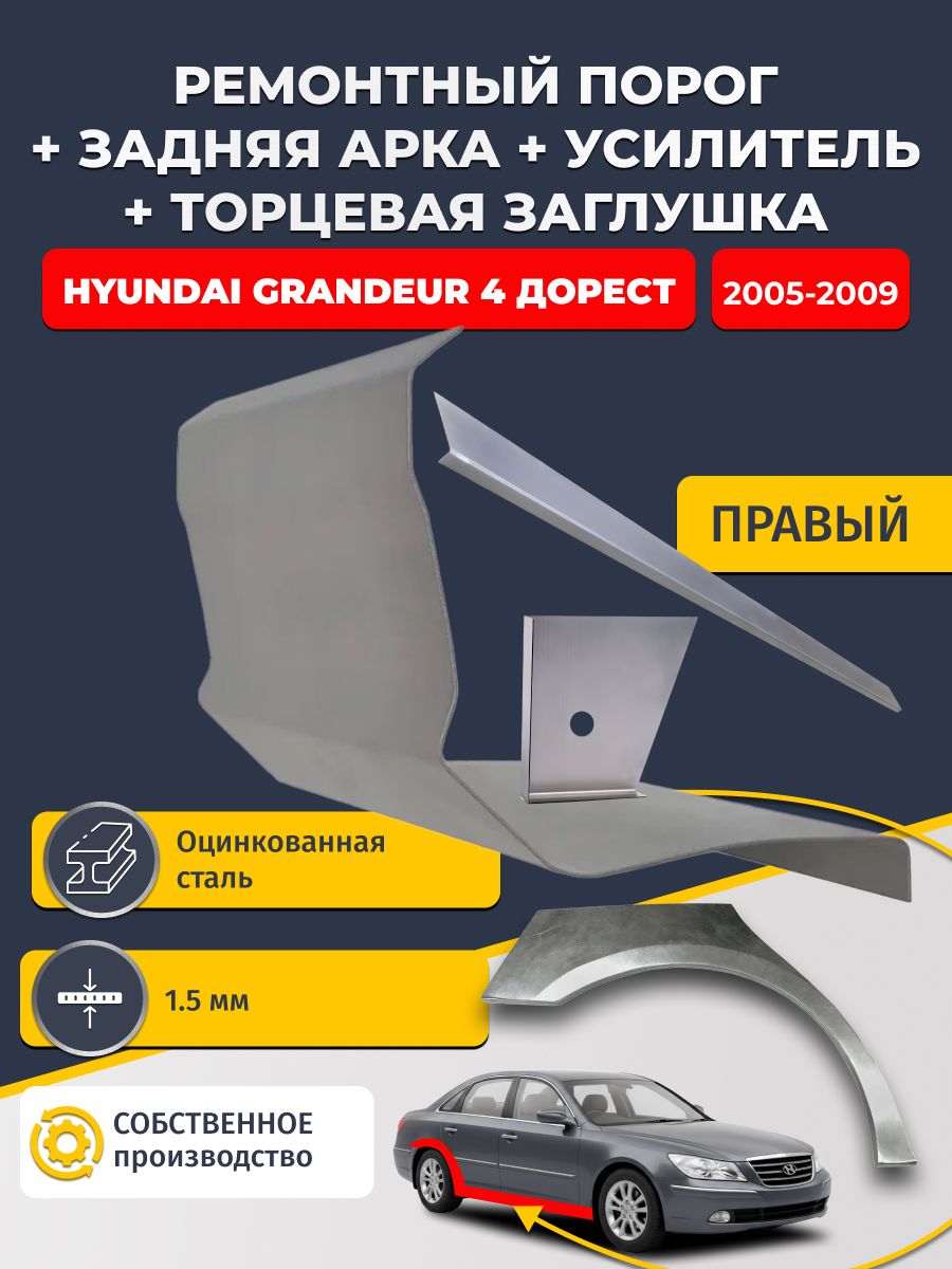 Правая ремонтная задняя арка (0,8 мм) и правый стандартный ремонтный порог + торцевая заглушка + усилитель, на Hyundai Grandeur 4 дорест 2005-2009 (Хендай Грандер 4). Оцинкованная сталь 1,5 мм