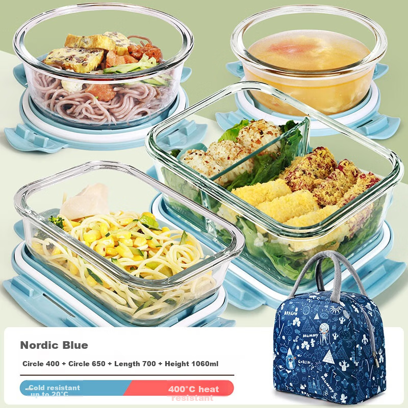 Creative Heat-resistant Glass Food Storage Box Microwave Lunch Box for Office Workers Blue 400+650+700+Separation 1060+Bag