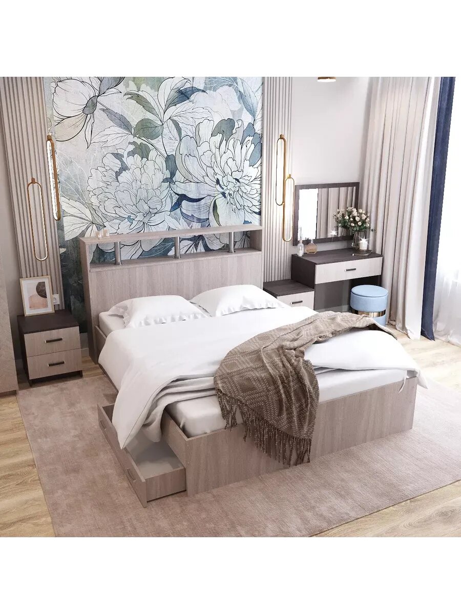 Кровать с ящиками KMK "Соломея" 160 см х 200 см, ЛДСП, цвет ясень шимо светлый