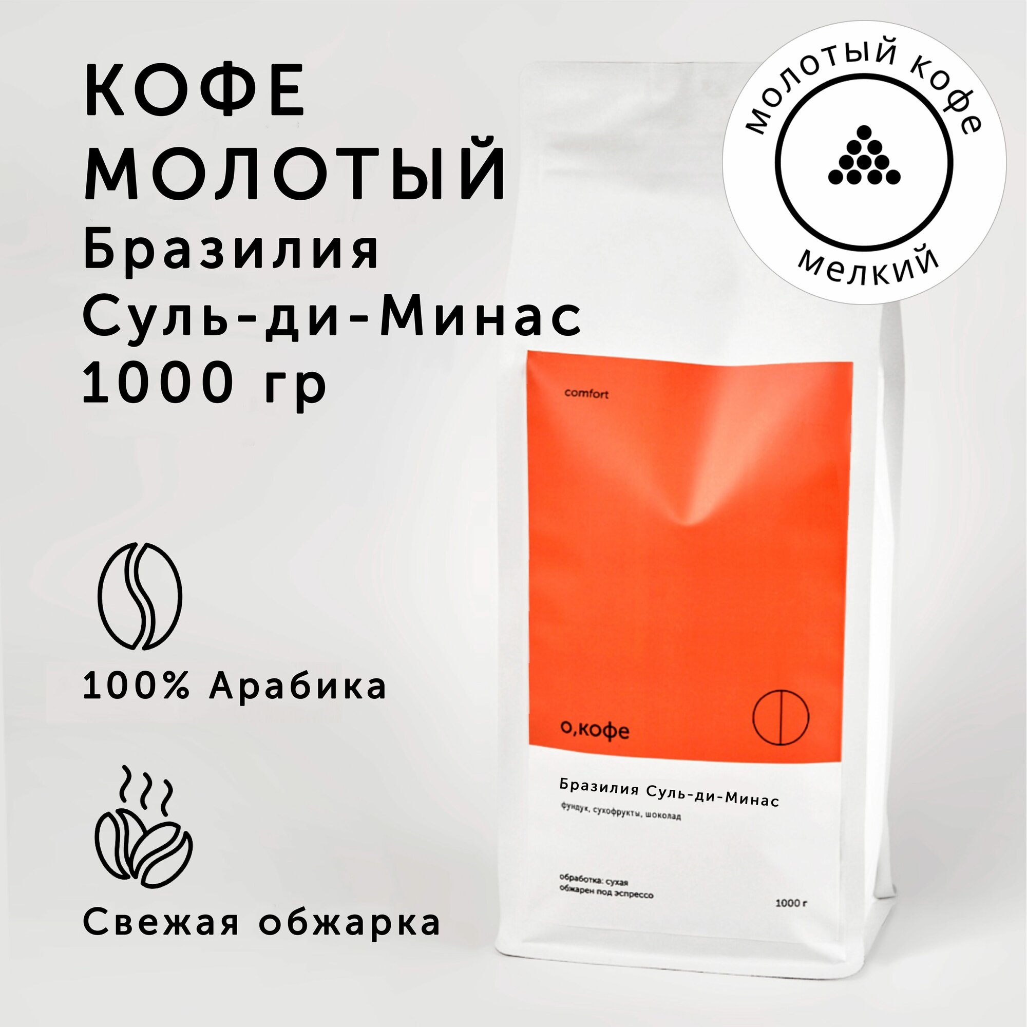 Кофе молотый О, кофе Бразилия Суль-ди-Минас 1 кг, мелкий помол