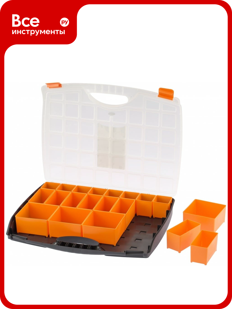 Органайзер с контейнерами для мелочей и метизов, черный‑прозрачный, пластиковый корпус, съемные перегородки и ручки