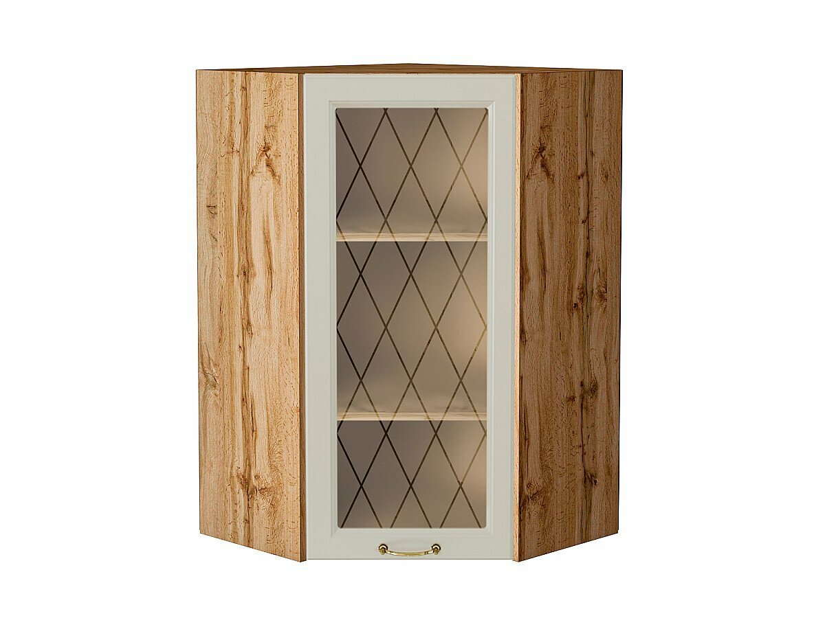 Шкаф верхний угловой остекленный Ницца, цвет фасада Агат, цвет каркаса Дуб Вотан, стекло White Сrystal, 920*600*600 мм