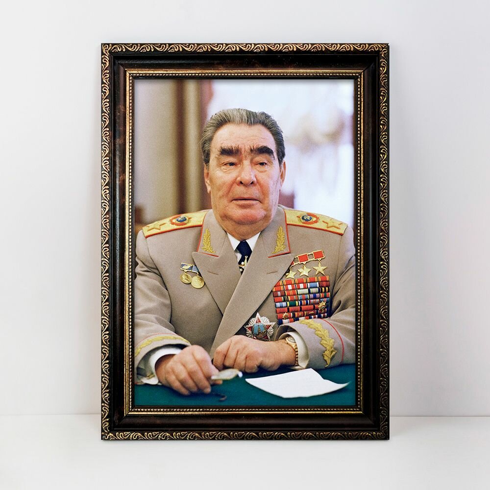 Портрет Брежнева Л. И. в багетной темно-коричневой рамке / А-4 (21x30 см.)