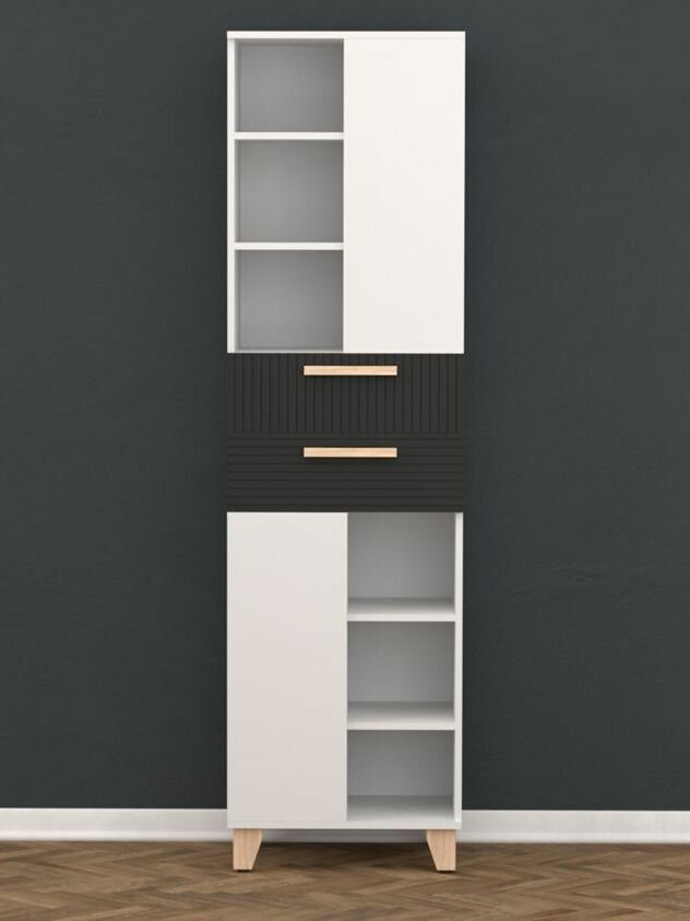 Шкаф пенал с полками Копенгаген Белый / Черный Матовый (12 Стульев)