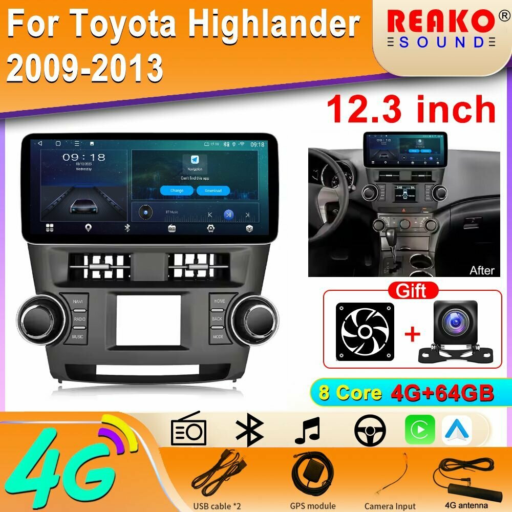 Магнитола для Toyota Highlander 2009-2013 , с камерой заднего вида. 2k экран 12.3 дюймов, Wifi 2din с сенсорным экраном, usb и блютузом.