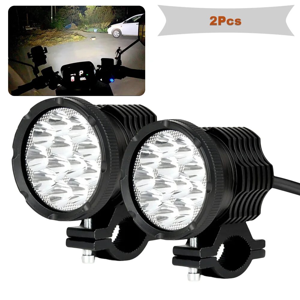12 чипов, дополнительные мотоциклетные светодиодные фары дальнего действия, высокие/мигалки, передние вспомогательные мотопрожекторы для мотоциклов, противотуманные фары 2pcs