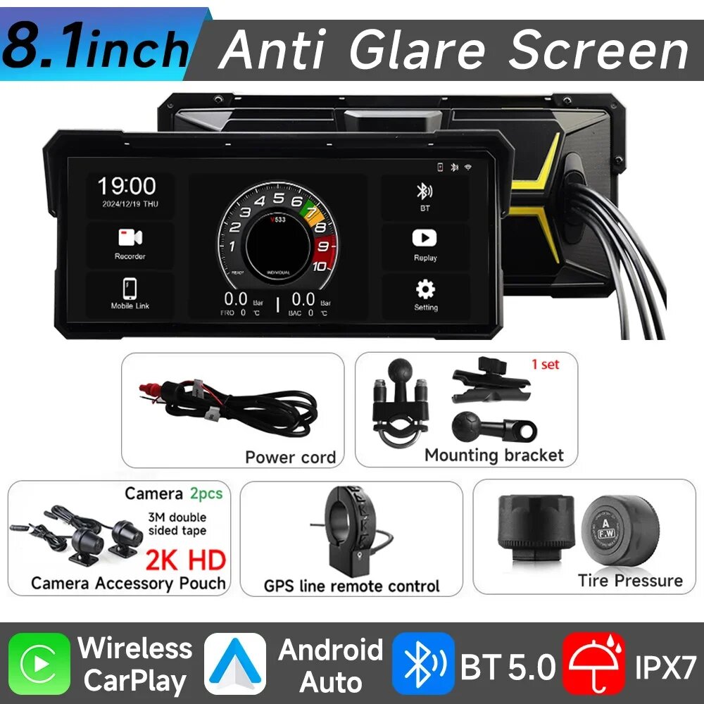 8,1-дюймовый портативный GPS-навигатор для мотоцикла, беспроводной Carplay, Android Auto, IPX8, водонепроницаемый мотоцикл, 2K HD, сенсорный экран M782-TMPS-control