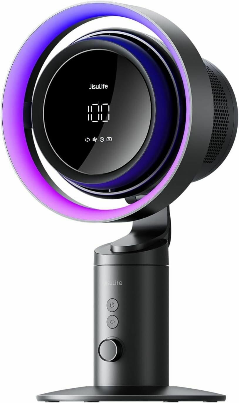 Jisulife Desk Fan Pro3, турбовентилятор 3-в-1 с очистителем воздуха и RGB-подсветкой, фильтром HEPA H11, 100 регулируемых скоростей, аккумулятором емкостью 10000 мАч, мощным потоком воздуха.