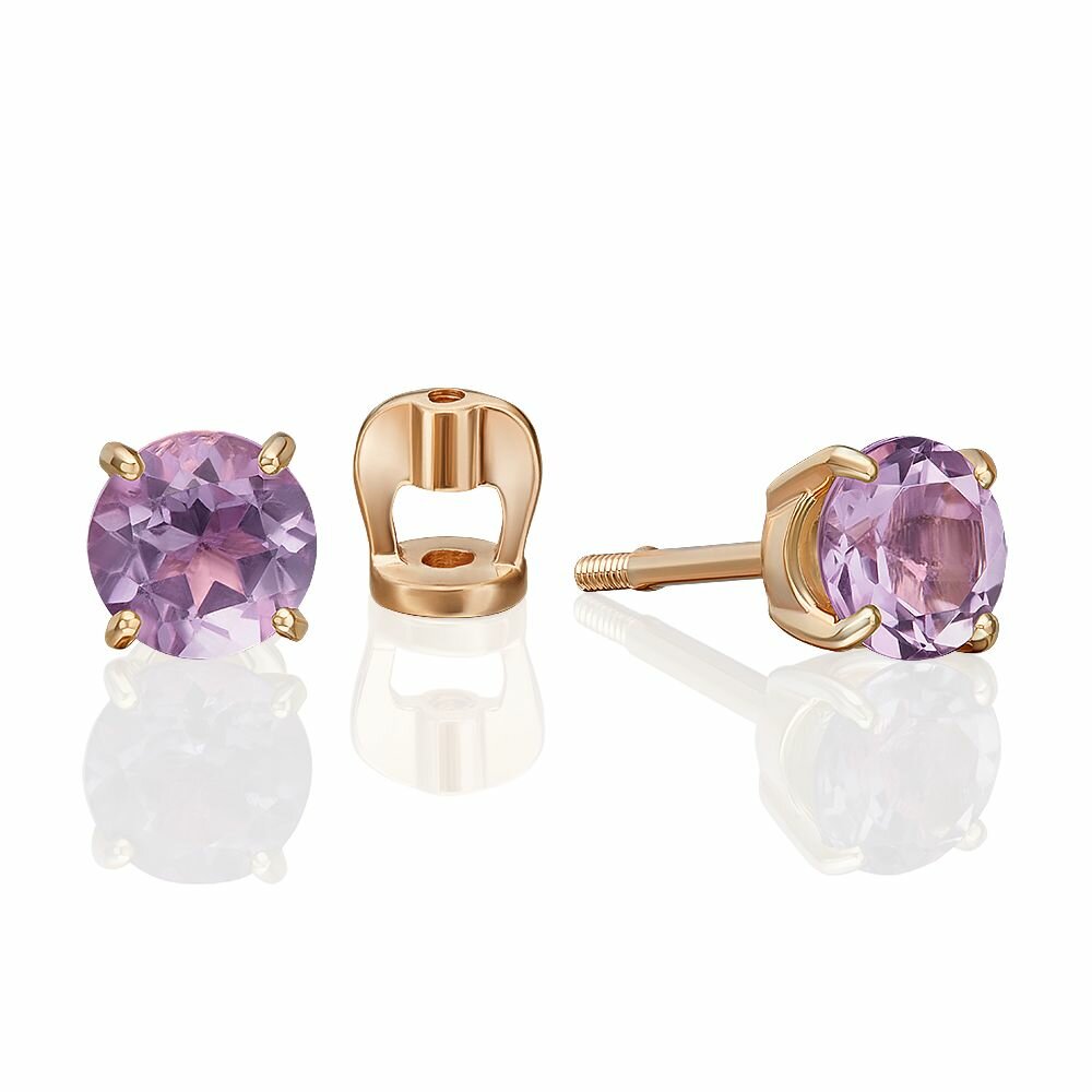 Серьги пусеты, красное золото, 585 проба, аметист