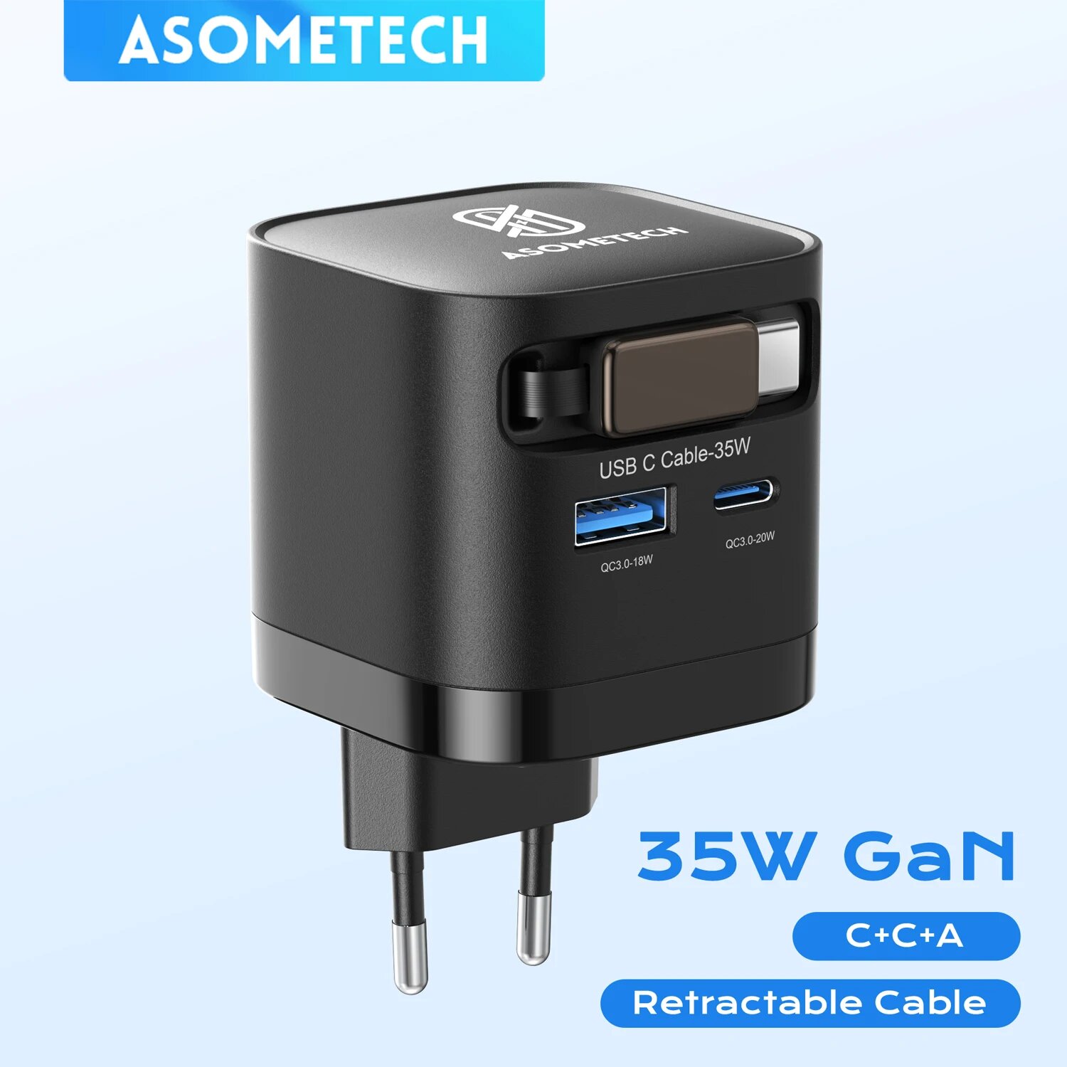 Быстрое Зарядное Устройство GaN USB-C 35 Вт С Выдвижным Кабелем, 3 Порта (QC3.0, PD3.0, PPS), Совместимо С iPhone 16/15/14