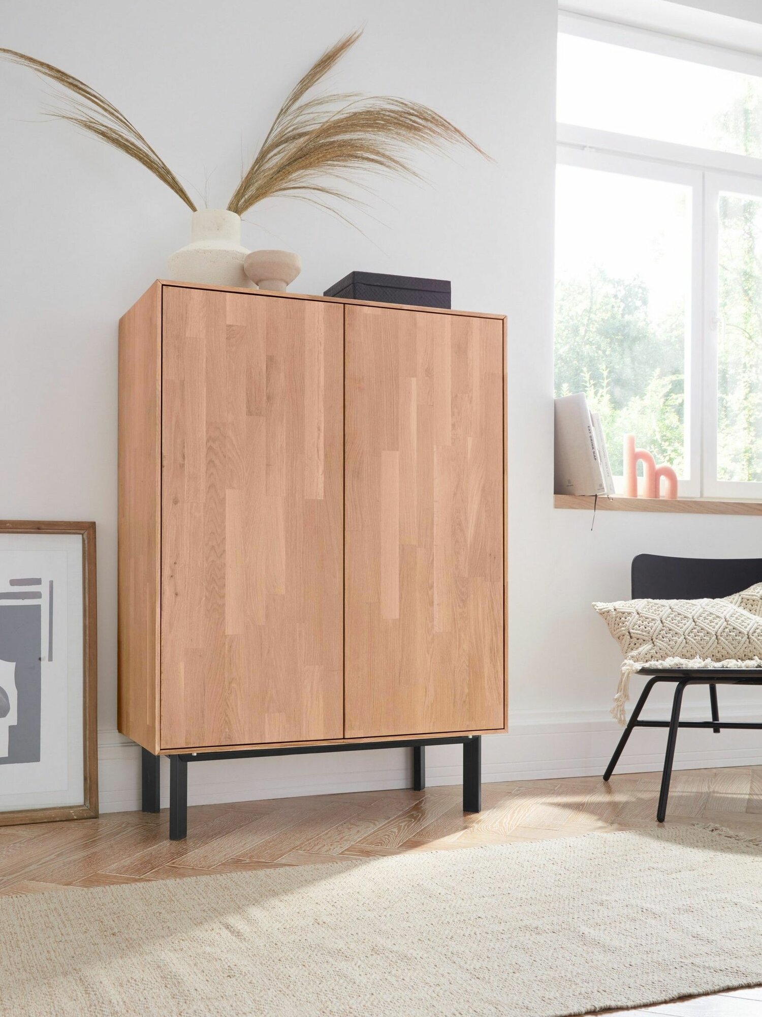 Комод 85х40х119 Виби, для вещей и одежды, 2 двери, массив дуба на металлических ножках, в стиле лофт, Dipriz