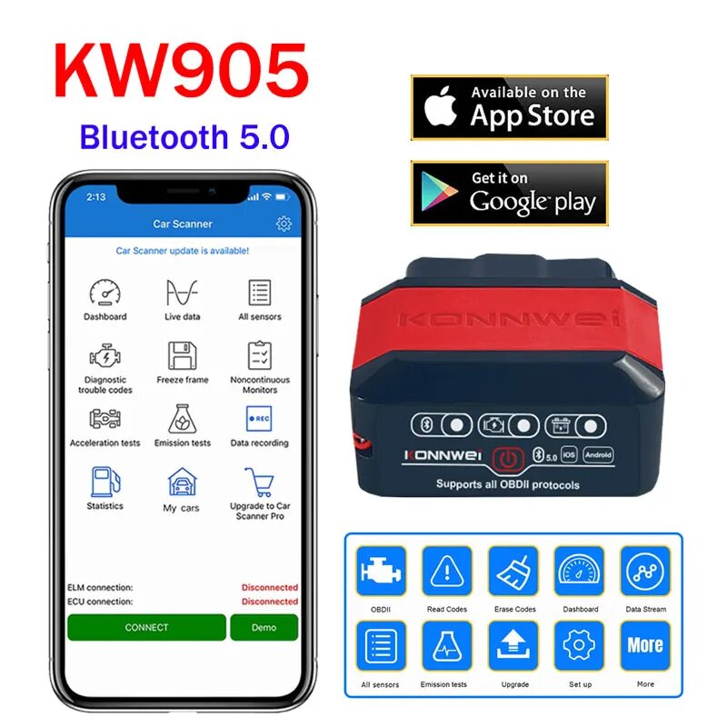 Konnwei Bluetooth 5.0 ELM327 V1.5 OBD2 Сканер KW906 OBDII Автоматические диагностические инструменты ELM 327 V 1.5 OBD 2 Считыватели автомобильных кодов Инструменты сканирования