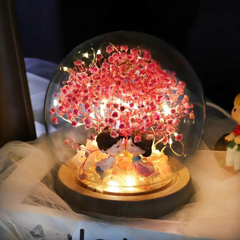 Вечный цветок в стеклянном куполе с подсветкой и фигуркой, подарок, ночник