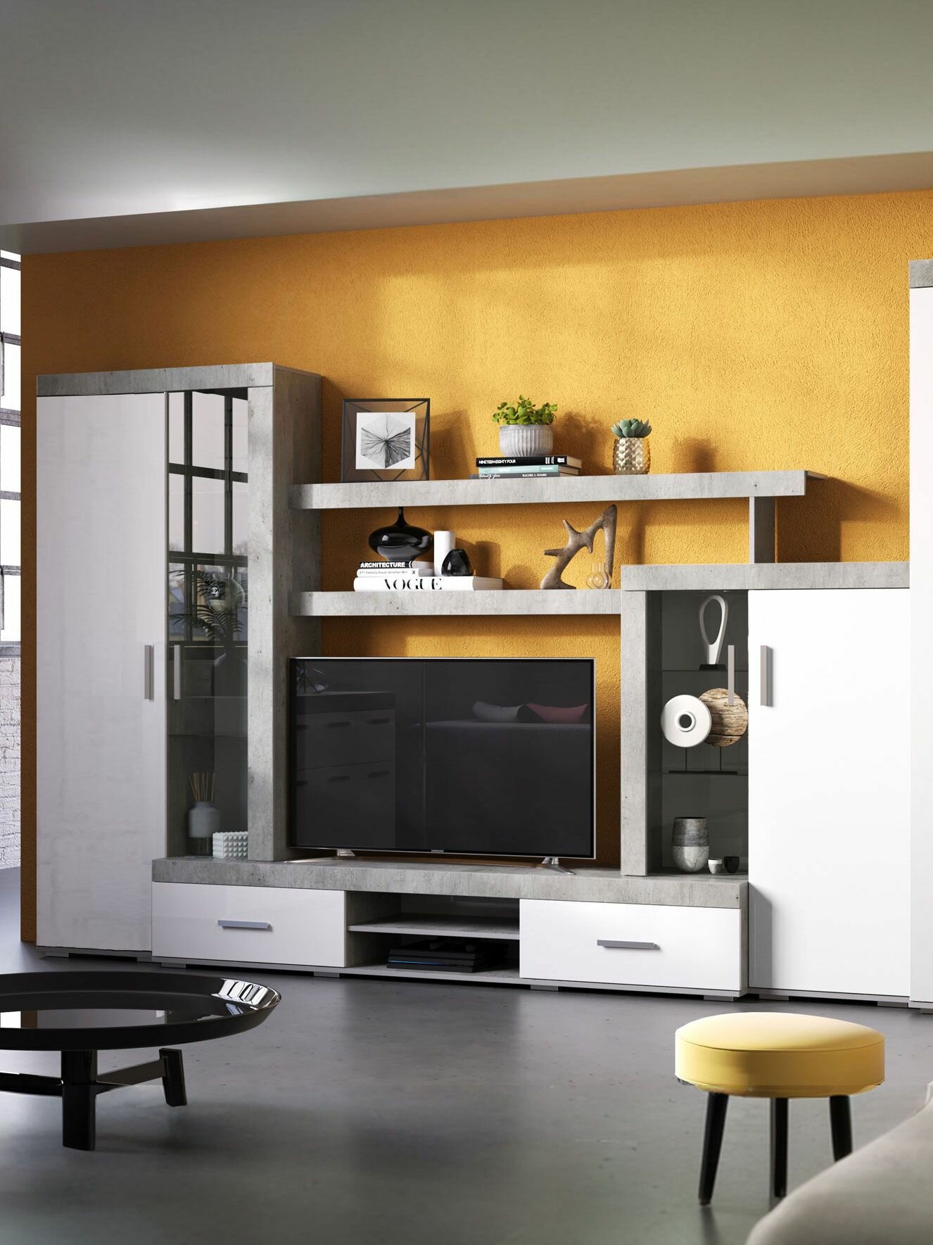 Гостиная комплект Инстайл, тумба под телевизор, полка, шкаф-витрина, 309.4х46х198.4 см, Бетон / Белый