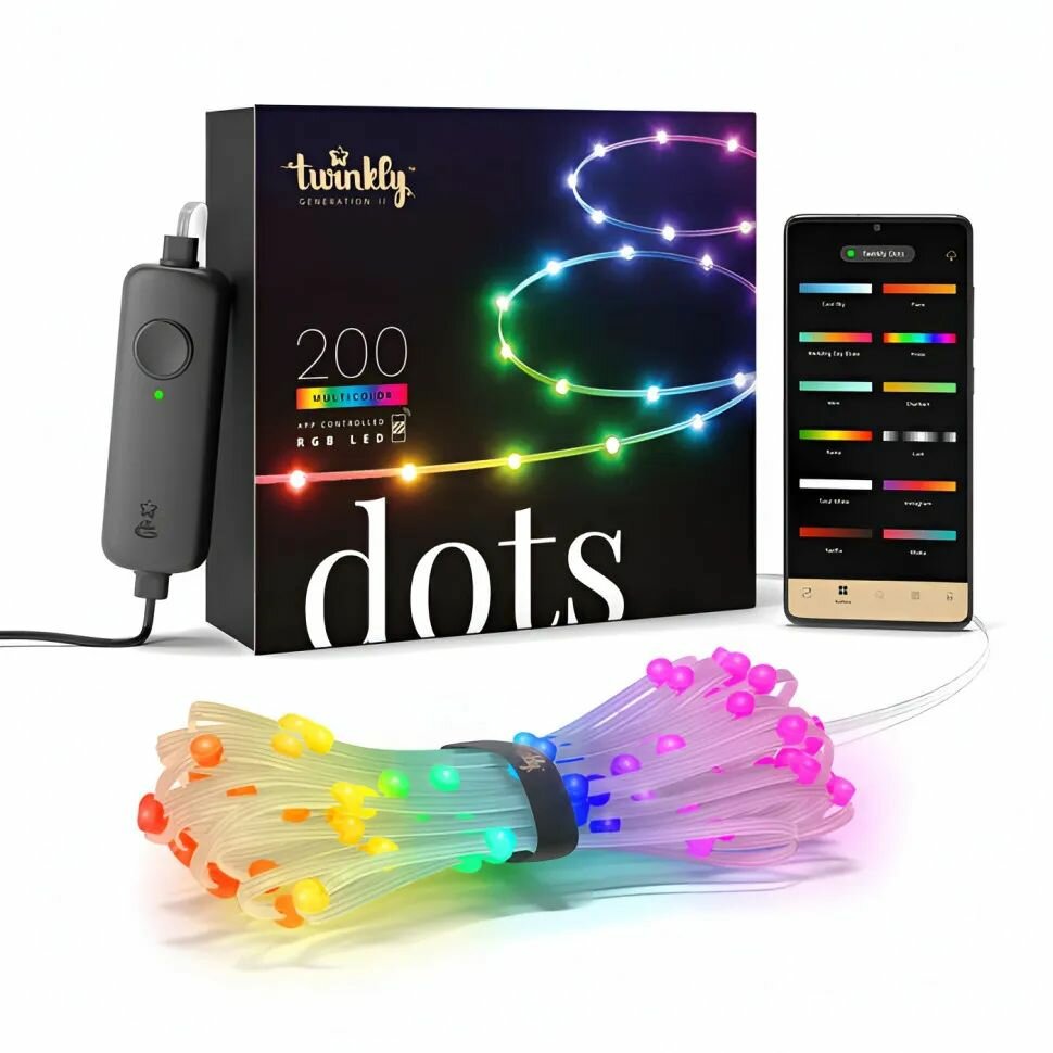 Умная гирлянда Twinkly Dots светодиодная 200 ламп 10 м, прозрачный провод