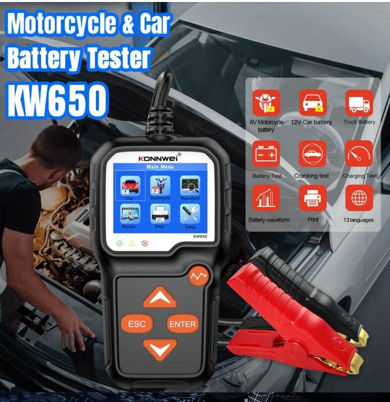KONNWEI KW650 6V-12V автомобильный аккумулятор для мотоцикла детектор заряда батареи автомобильной газонокосилки