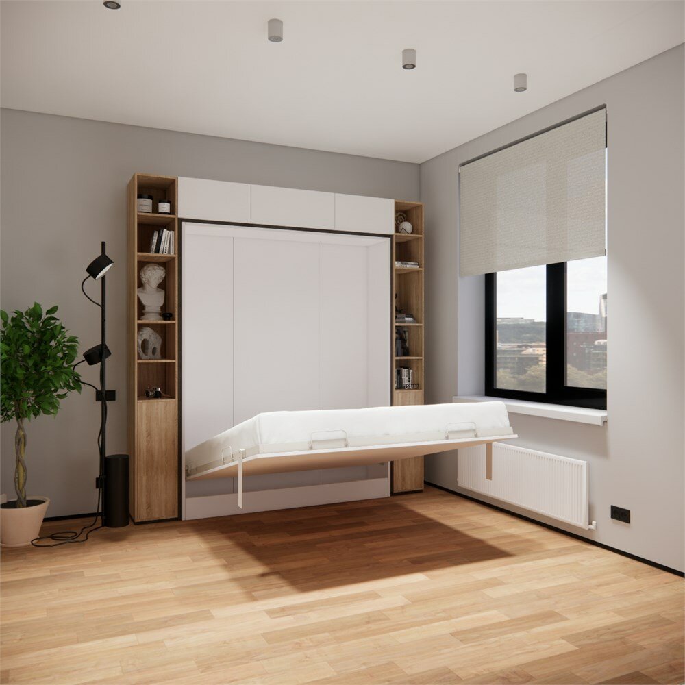 Кровать-трансформер со стеллажами и антресолями: сом-модуль LIGHT 160х200 белый + светлое дерево