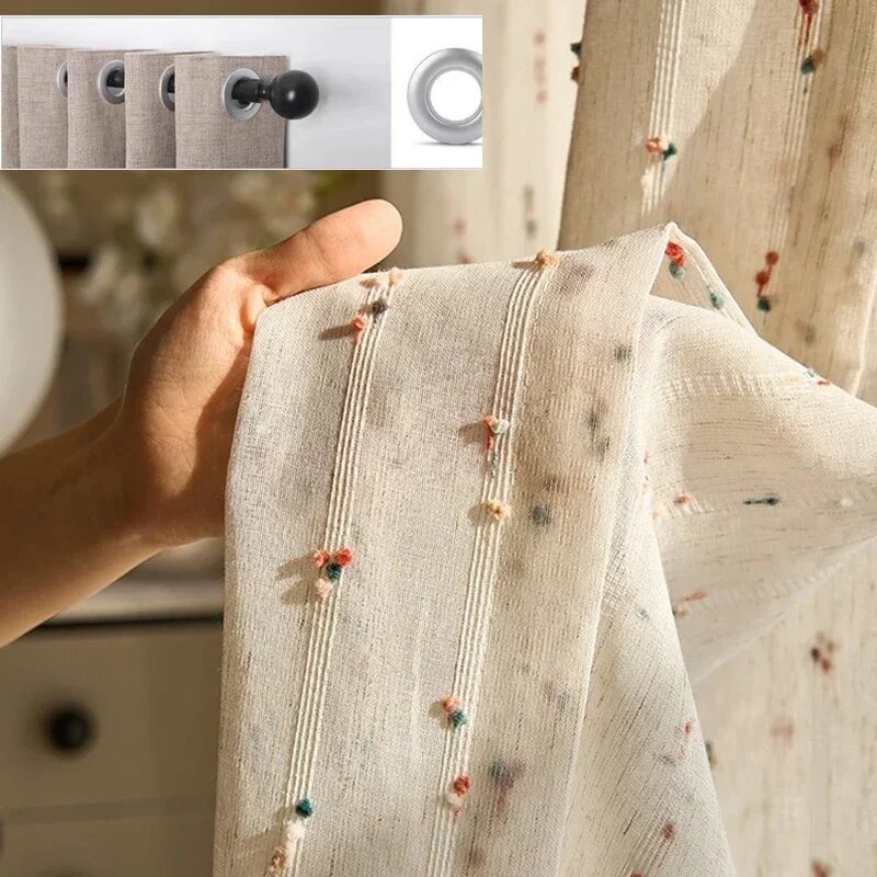 Льняные просвечивающие шторы с вышивкой, Grommet Top, 1PC-W150xH270cm