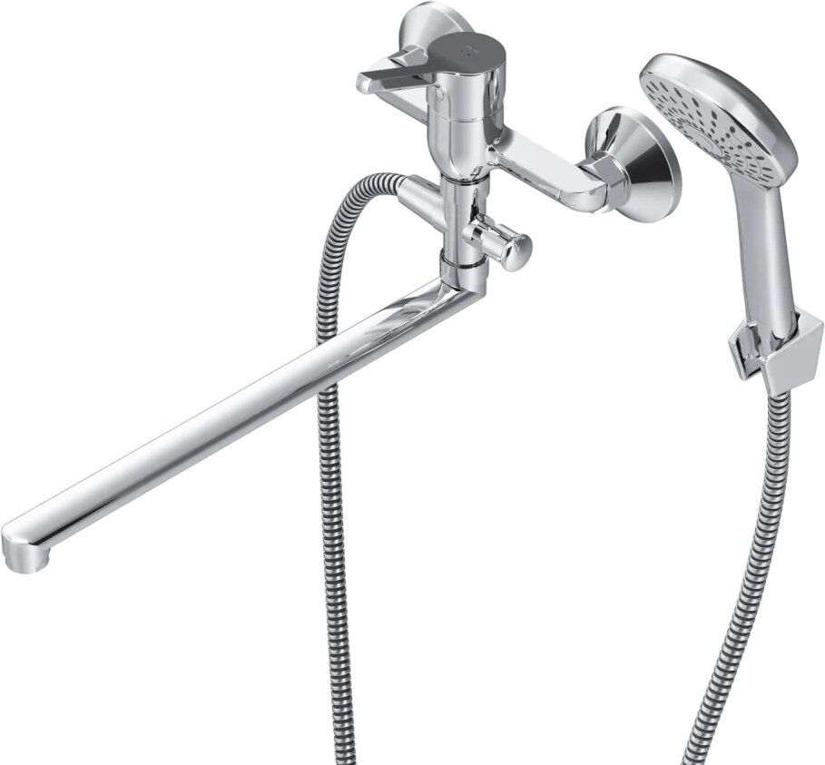 Смеситель с длинным изливом для ванны AM.PM X-Joy S F85B90100 с душевым гарнитуром, поворотный, латунный, из нержавеющей стали, хром, глянцевый, смеситель для ванны с душем, рычажный, с настенным держ