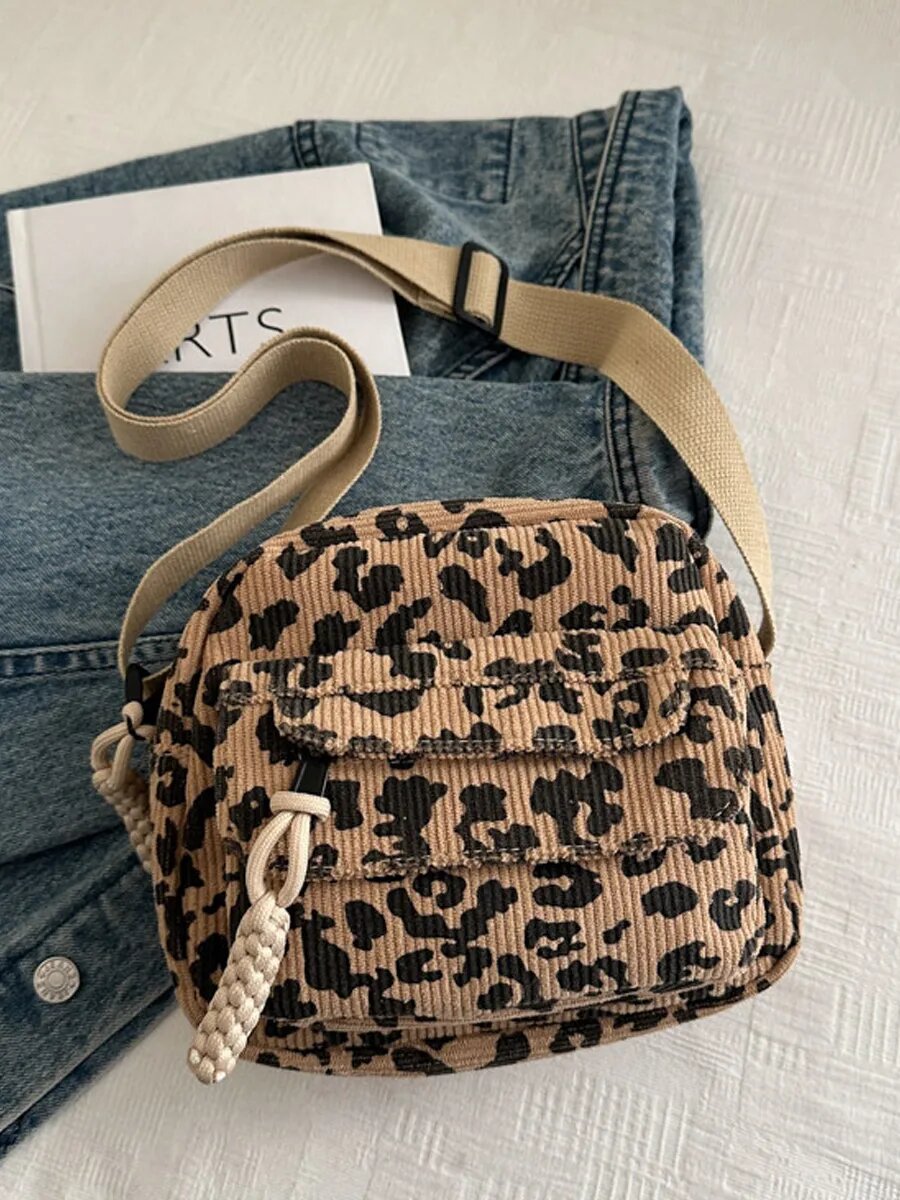 Сумка через плечо подростковая леопардовая вельветовая