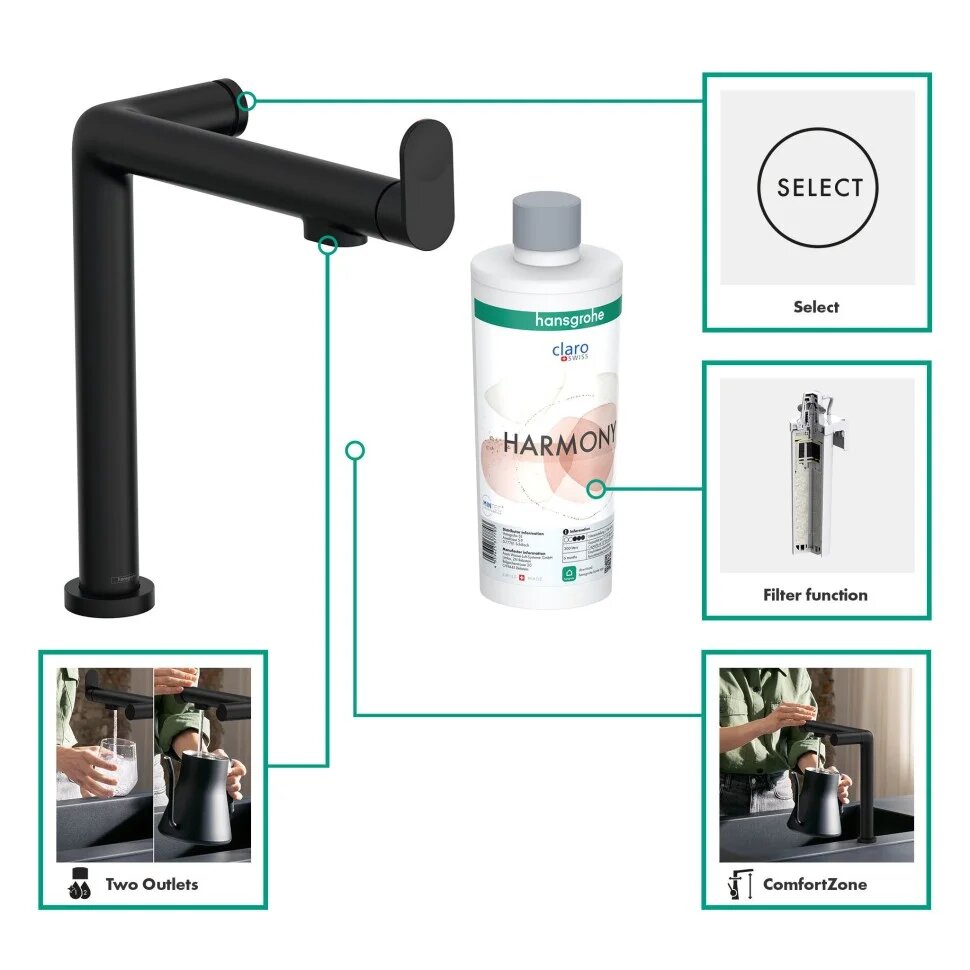 Смеситель для кухни Hansgrohe Aqittura M91 76804670 с краном для питьевой воды, с поворотным изливом, черный, матовый, однорычажный, латунный, с керамическим картриджем