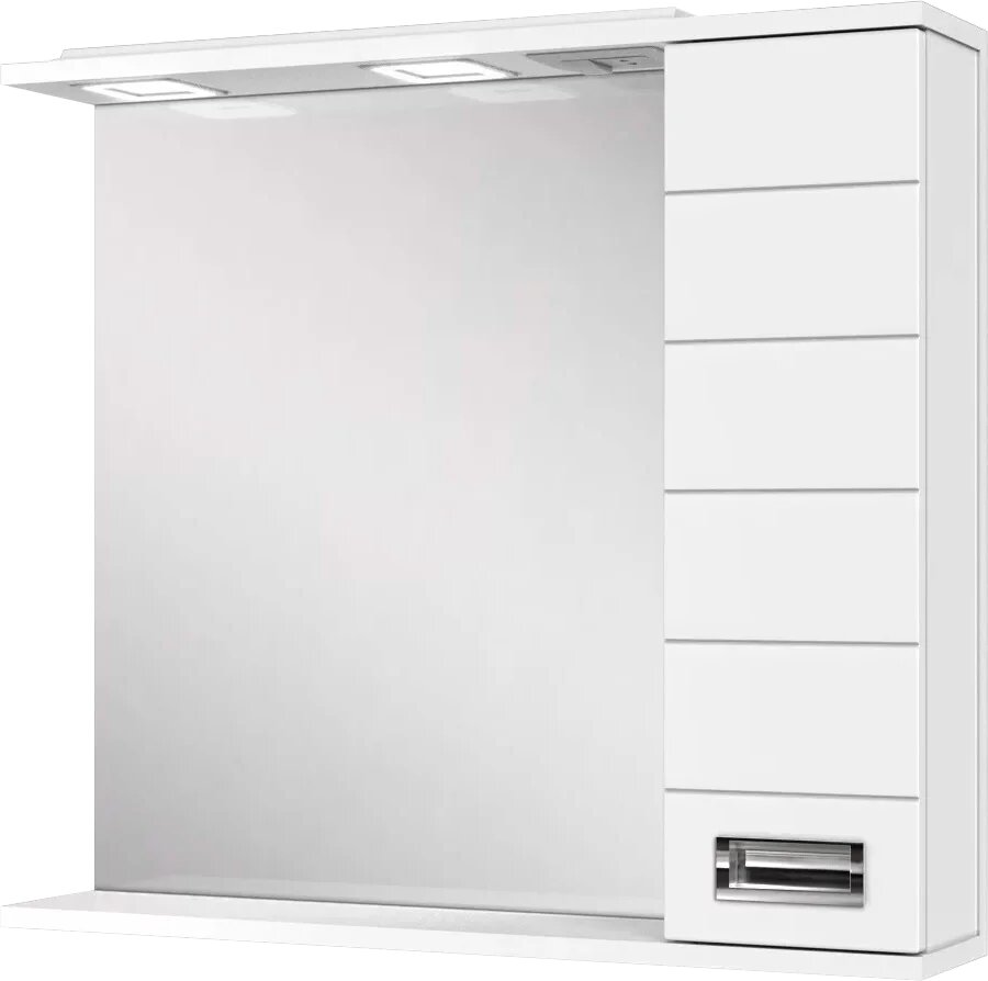Зеркало Домино Cube 80 R со светодиодной подсветкой, с полкой, со шкафчиком, 80, 4 см, с розеткой, белое