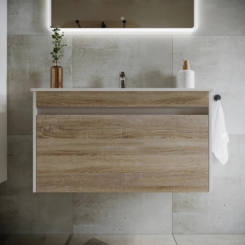 Тумба с раковиной Sancos Smart подвесная, 91 см, белая, светлое дерево, матовая, из ЛДСП, с ящиками, раковина для ванной, фарфоровая, прямоугольная, встроенный слив-перелив