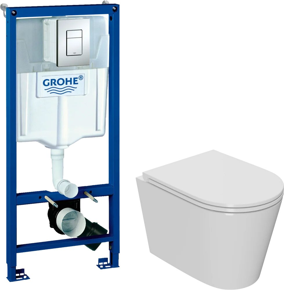 Комплект 2 в 1 Унитаз подвесной Bauedge Bau Nimb Hurricane-2 / Инсталляция с кнопкой Grohe Rapid SL 38772001 цвет хром