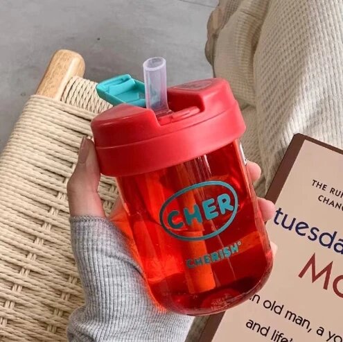 Детская пластиковая кружка-термос 300 мл с соломинкой Red