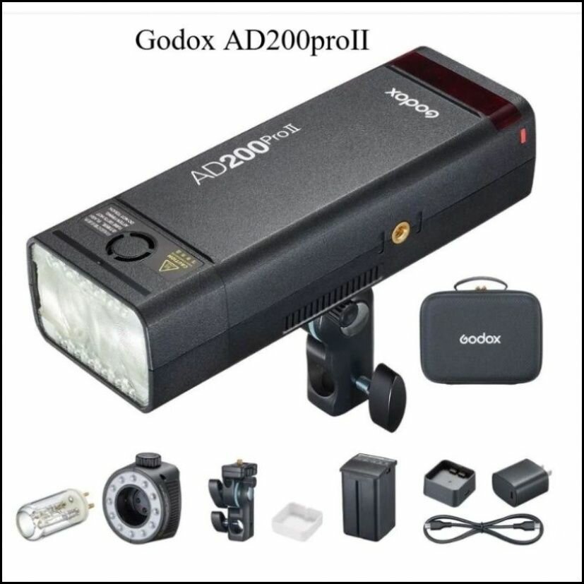 Эксклюзивная мобильная вспышка Godox AD200proII 200W TTL HSS с модулем 2.4G, бестселлер сезона, предлагает совместимость с брендами Canon, Nikon, Sony, Fujifilm и Olympus при использовании приемника