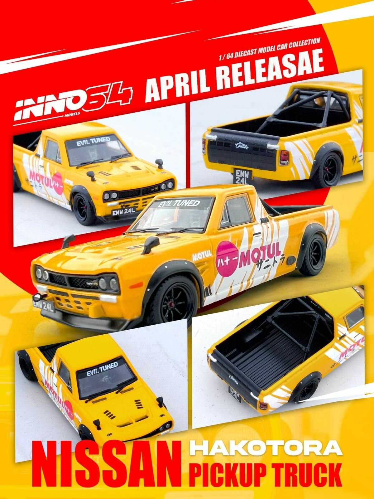 Машинка INNO 1/64 NISSAN HAKOTORA PICK UP TRUCK MOTUL Livery IN64-HKT-MOTUL Die-cast Alloy Model Collection Gift