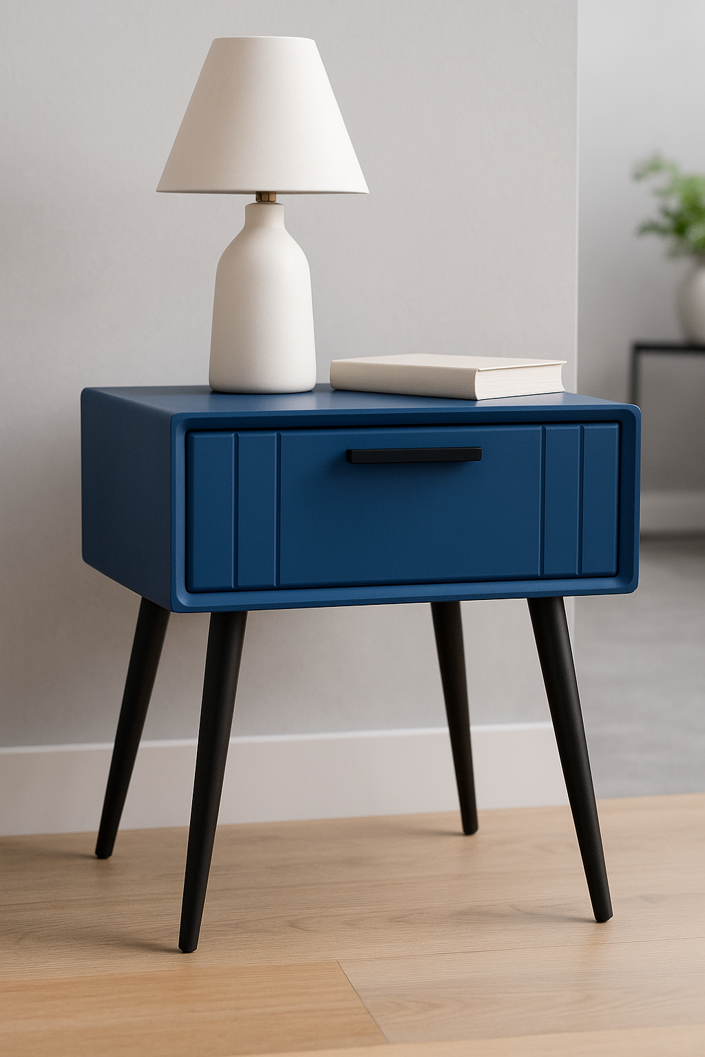 Тумба прикроватная в спальню из дерева с ящиком на ножках синяя