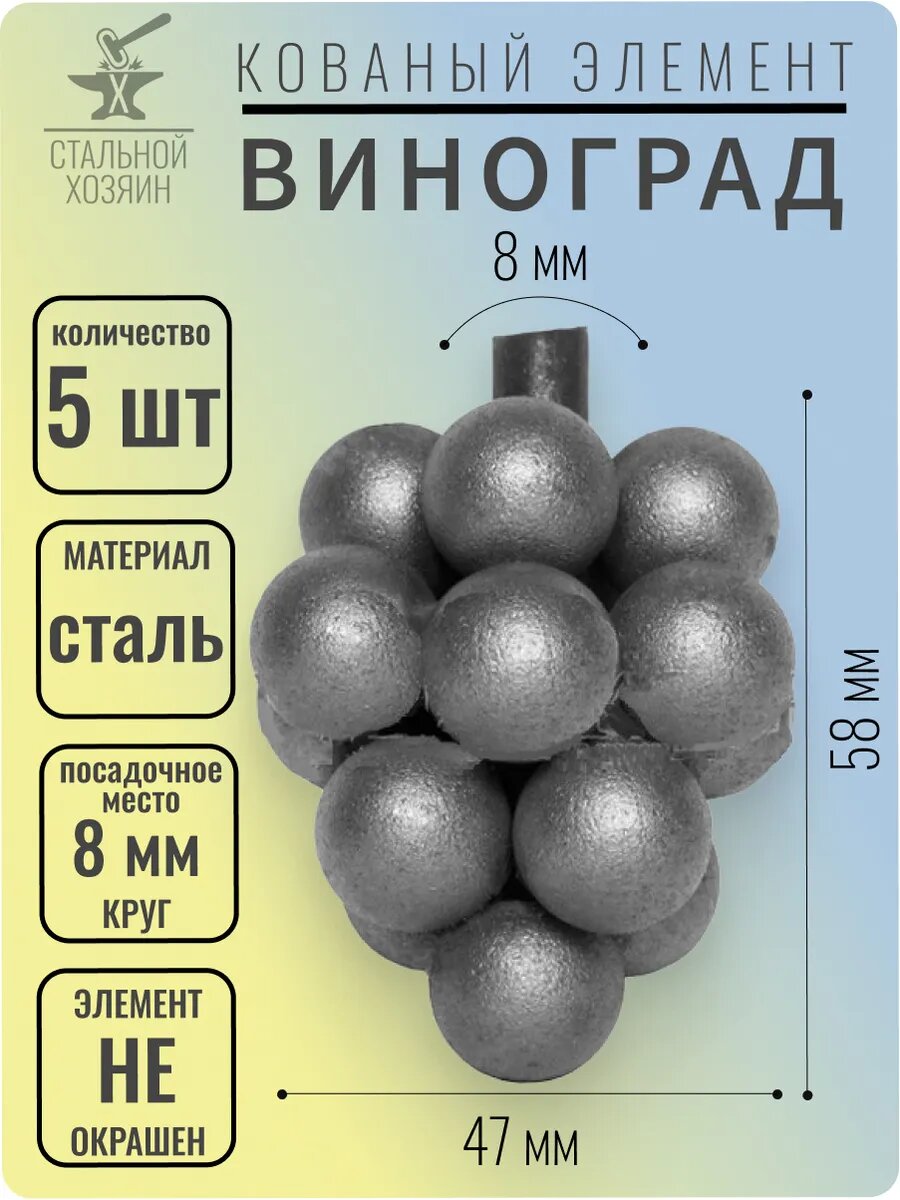 5 шт. Декоративный кованый элемент Виноградная гроздь 58х47 мм