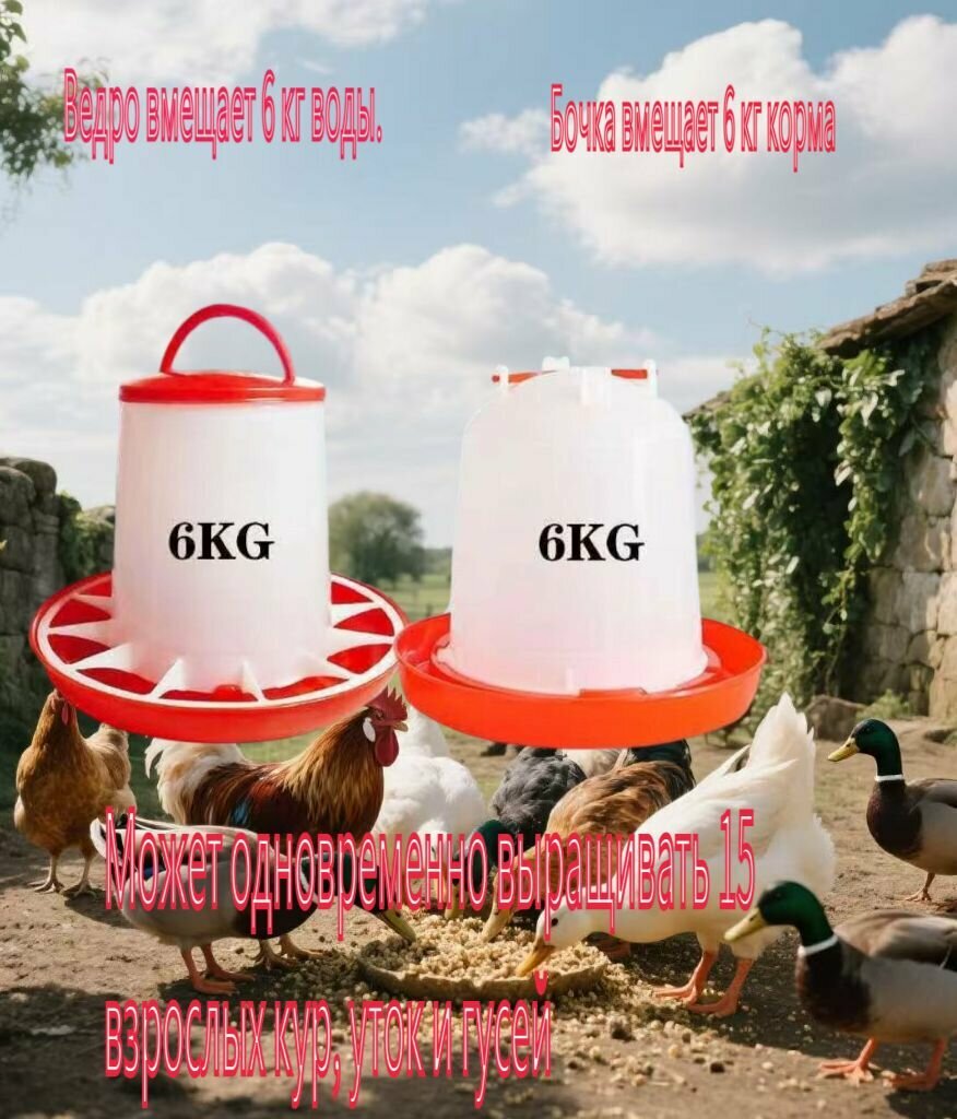 Поилка объемом 6 литра + кормушка весом 6 кг для кур, уток и перепелов, поилки и автоматические дозаторы воды Подходит для 15 небольших кур, уток, гусей