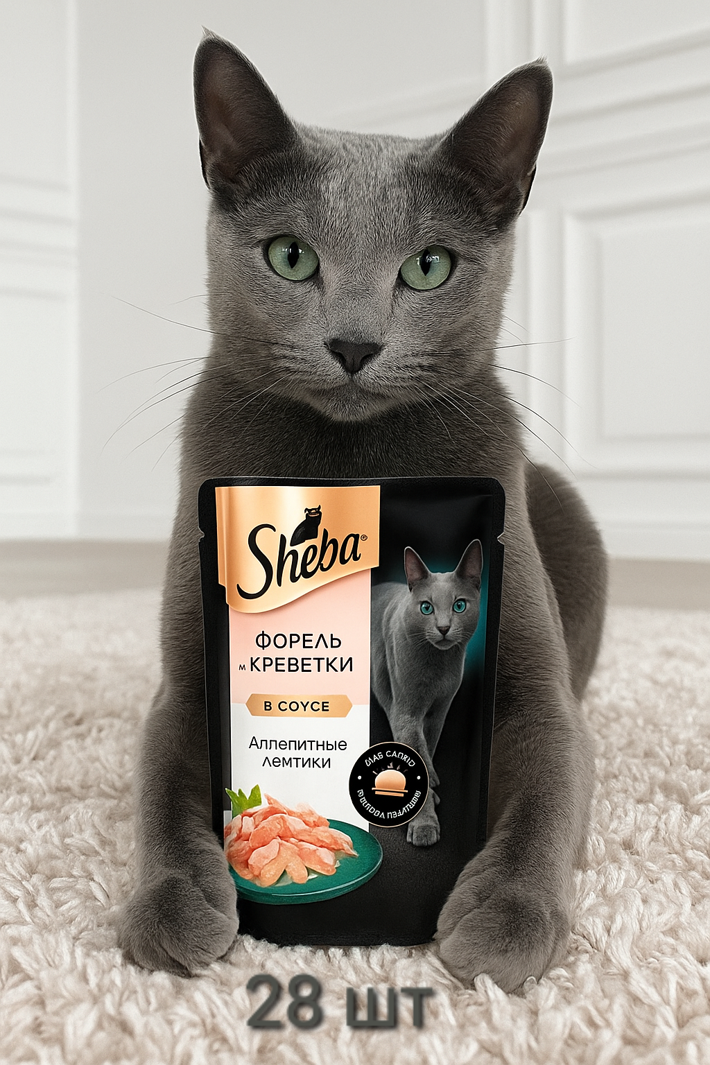 Влажный корм для кошек Sheba Ломтики в соусе с форелью и креветками, 28 шт по 75 г