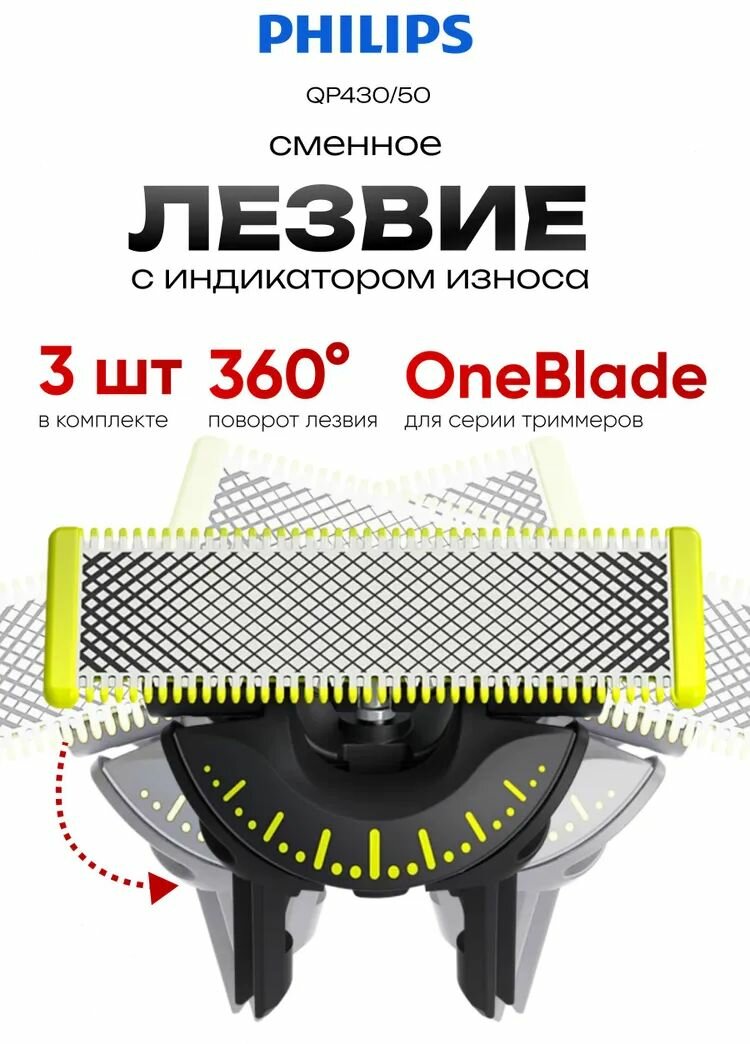 Набор сменных лезвий Philips OneBlade 360 QP430, для триммеров OneBlade, 3 шт, серые