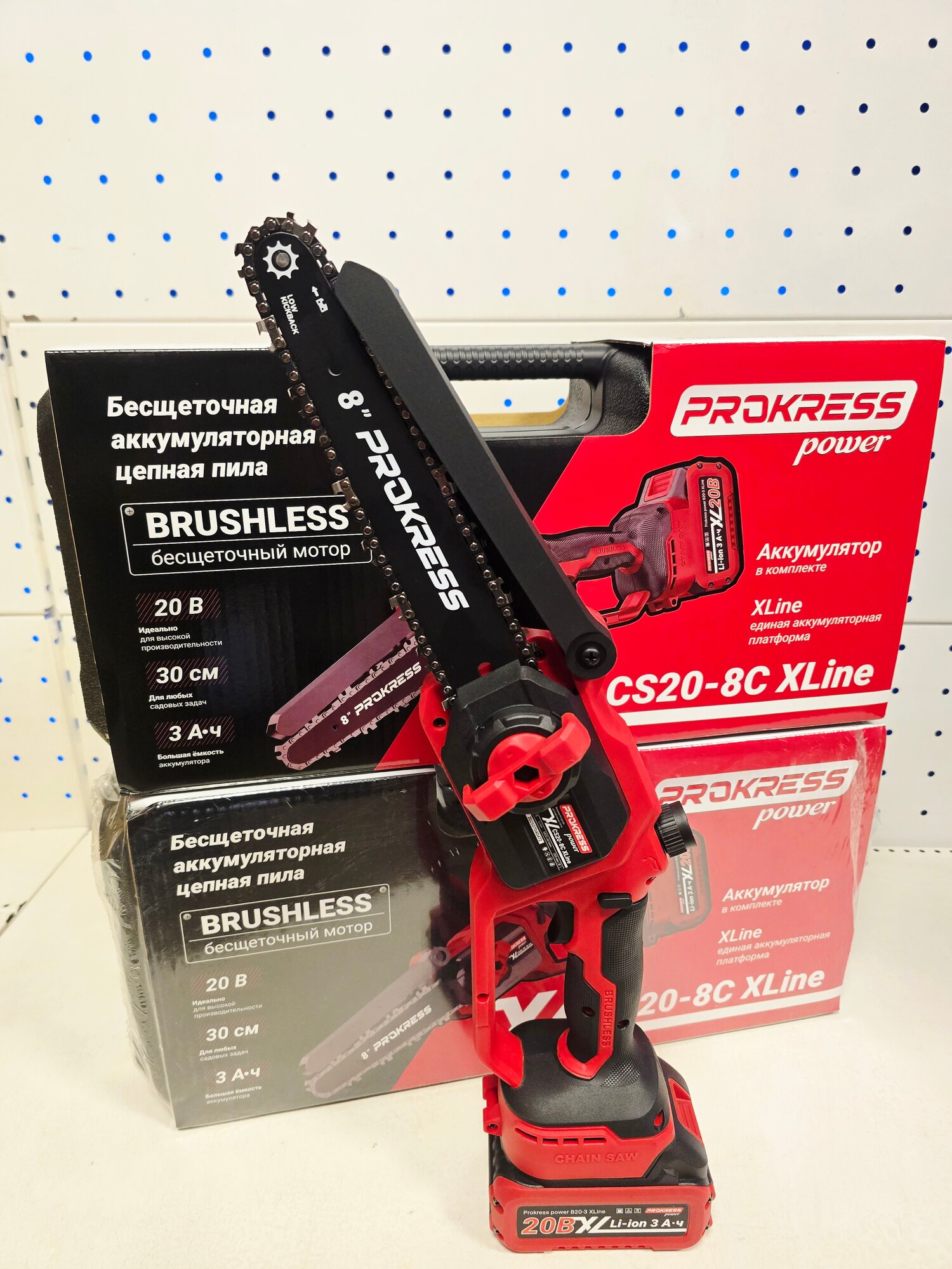 Мини-пила цепная аккумуляторная для сада Prokress CS20-8C XLine, 21В/3Ач, шина 8"/20см, бесщеточная