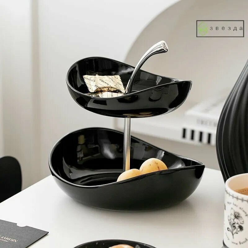 Двухъярусный керамический поднос для фруктов, чёрный с серебром, большой, современный дизайн