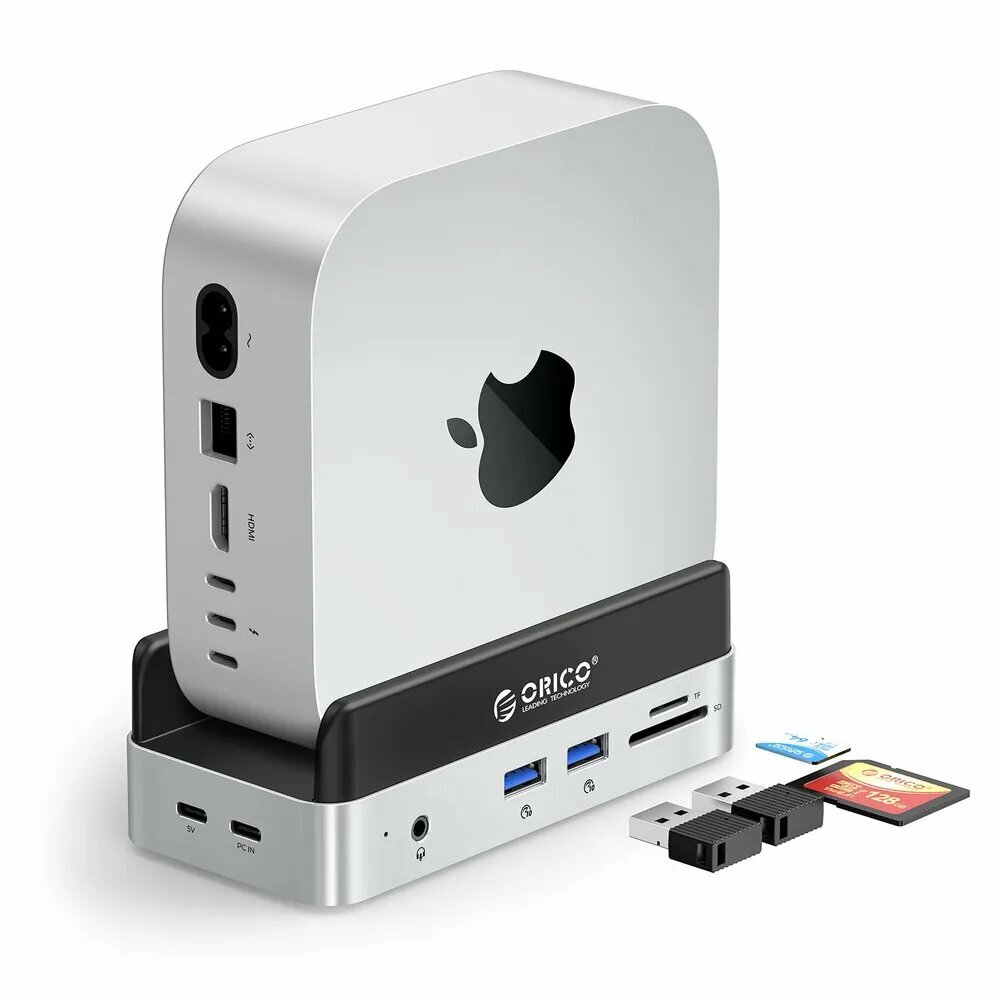 USB HUB 6 в 1 MiniDock Мини-ПК Вертикальная Подставка, для Mac Mini M4&M4 Pro, M.2 NVMe Поддерживает до 8 ТБ, USB До 10 Гбит/с 3.5 jack SD TF